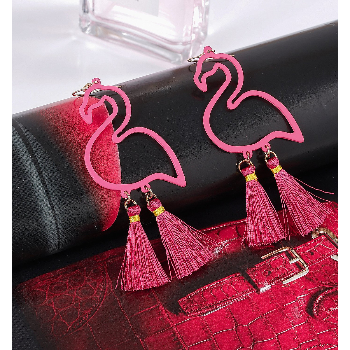 HSWE Flamingo Drop Earrings Tassel Dangle Earrings Thread Earrings Hawaiian Summer Jewelry (Rose Red)