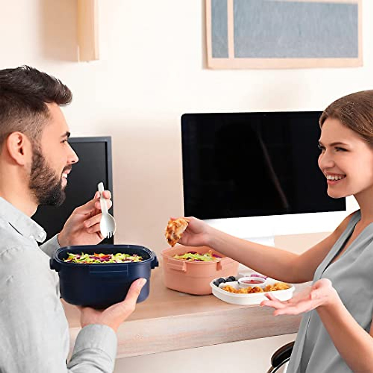 Caperci Superior Salad Container for Lunch To Go - Large 55-oz Salad Bowl Lunch Box Container with 4-Compartment Bento-Style Tray, 3-oz Sauce Container, Reusable Spork & BPA-Free (Pink)