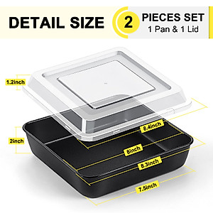 P&P CHEF Square Baking Pan with Lid, 8 x 8 x 2 Inch, Nonstick Stainless Steel Square Cake Pan and Plastic Lid, Black Bakeware for Lasagna Brownies, Durable & Easy Clean, 2PCS (1 Pan + 1 Cover)