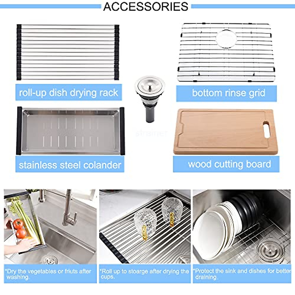 24 Inch Undermount Kitchen Sink, BoomHoze 24 x 19 Inch Stainless Steel Undermount Workstation Sink 16 Gauge Single Bowl Kitchen Sink Deep Bar Prep Sink with Accessories