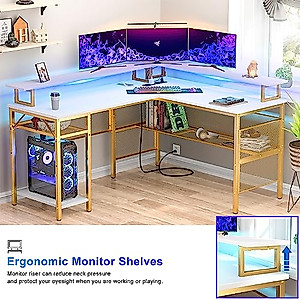 Unikito L Shaped Desk with LED Strip and Power Outlets and Rolling Printer Stand with LED Lights File Cabinet, Home Office Desk and Lateral Office Storage Filing Cabinet, White