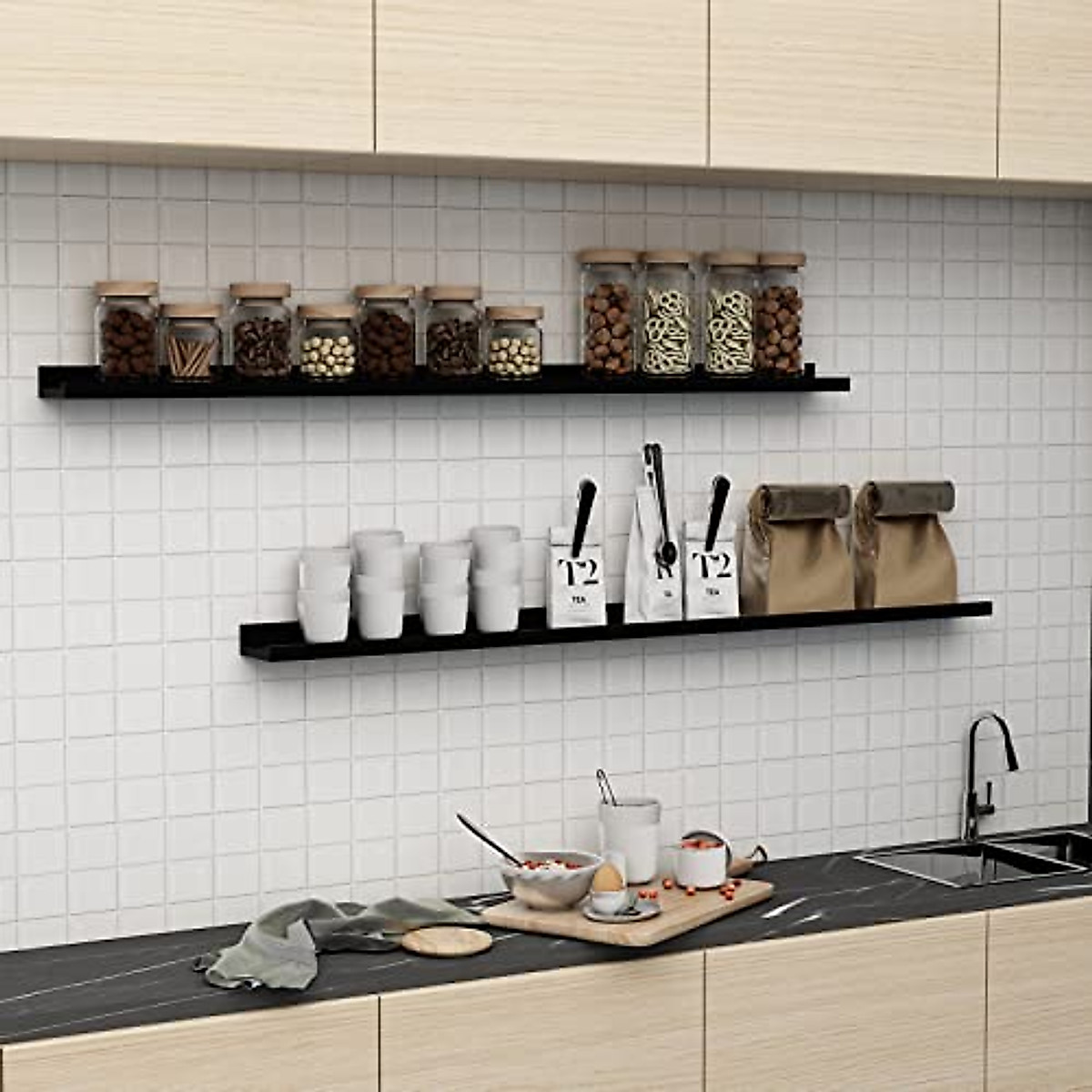 love furniture 59 Inch Black Floating Shelves Wall Mounted Set of 2, Wall Mounted Wood Shelves for Bedroom, Living Room, Bathroom, Kitchen