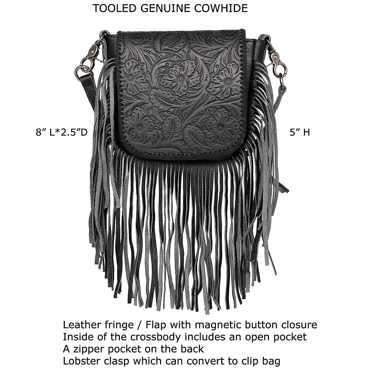 Montana West Handcrafted Leather Convertible Clutch Crossbody Handbag Biker Bag w Fringe (Black Studded w Buckle)