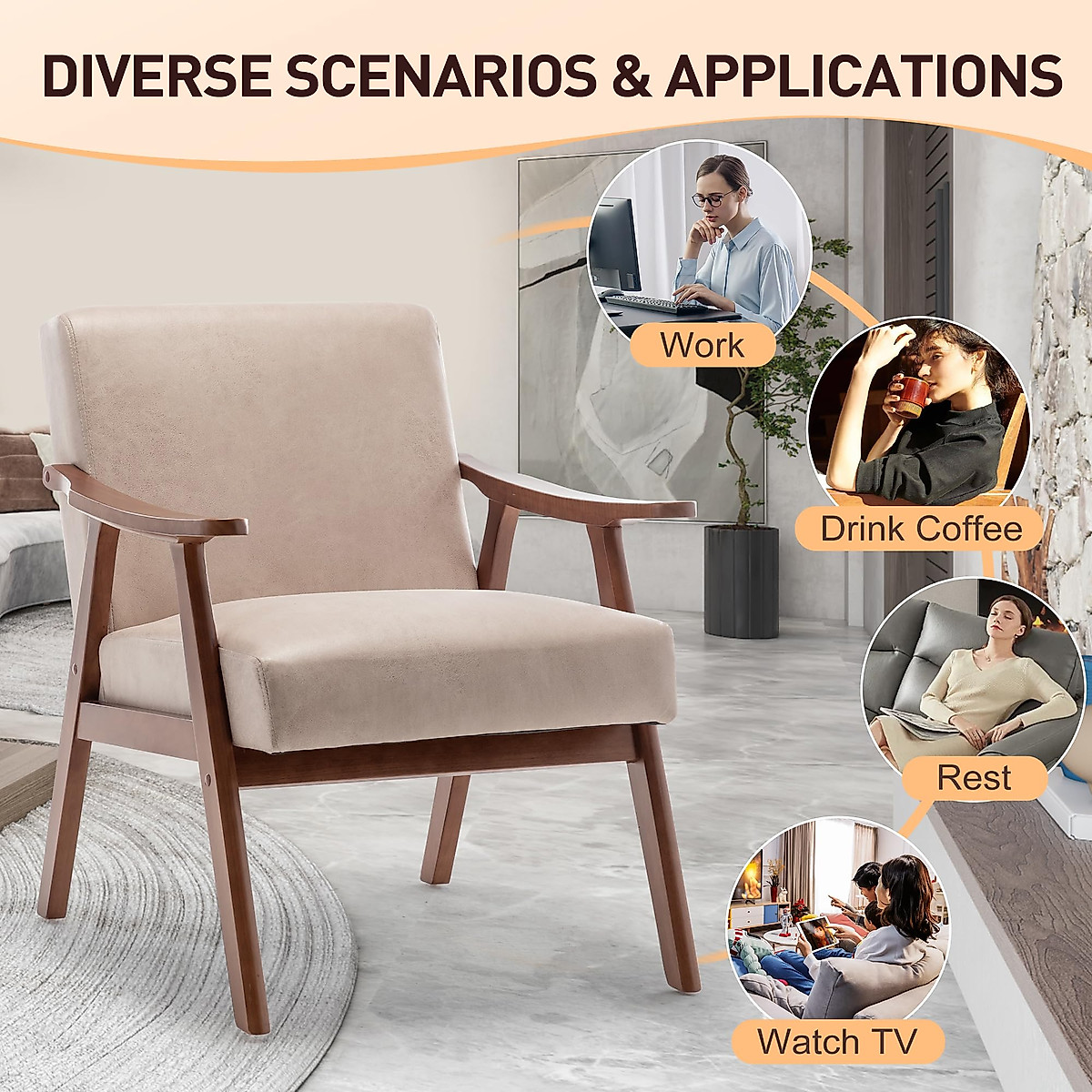 DKS Accent Chair, Mid-Century Modern Chair with Pillow, Living Room Chair with Solid Wood Frame, Extra-Thick Backrest, Wingback Chair for Bedroom, Reading Room, Living Room, Lounge Chair Indoor