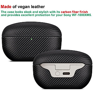 LOPIE Case Compatible with Sony WF-1000XM5, Carbon Fiber Style Vegan Leather Case Designed for Earbuds WF1000XM5 Case Cover 2023, Protective Hard Cover for Men/Women - Black