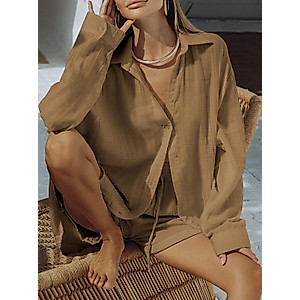 Fixmatti Two Piece Summer Sets for Women Button Down Long Sleeve Shirt with Shorts Casual Matching Set Streetwear Brown XL