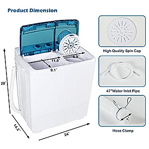 GRAVFORCE Portable Washing Machine, Mini Twin Tub Washer and Dryer Combo, 21lbs Capacity Washer(14.4Lbs) and Spinner(6.6Lbs), w/Built-in Gravity Drain for Camping, Apartments, Dorms, RV’s (Blue)