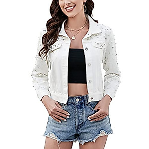 LifeShe Women's Pearls Denim Jacket Cropped Rhinestones Jean Jacket Coat