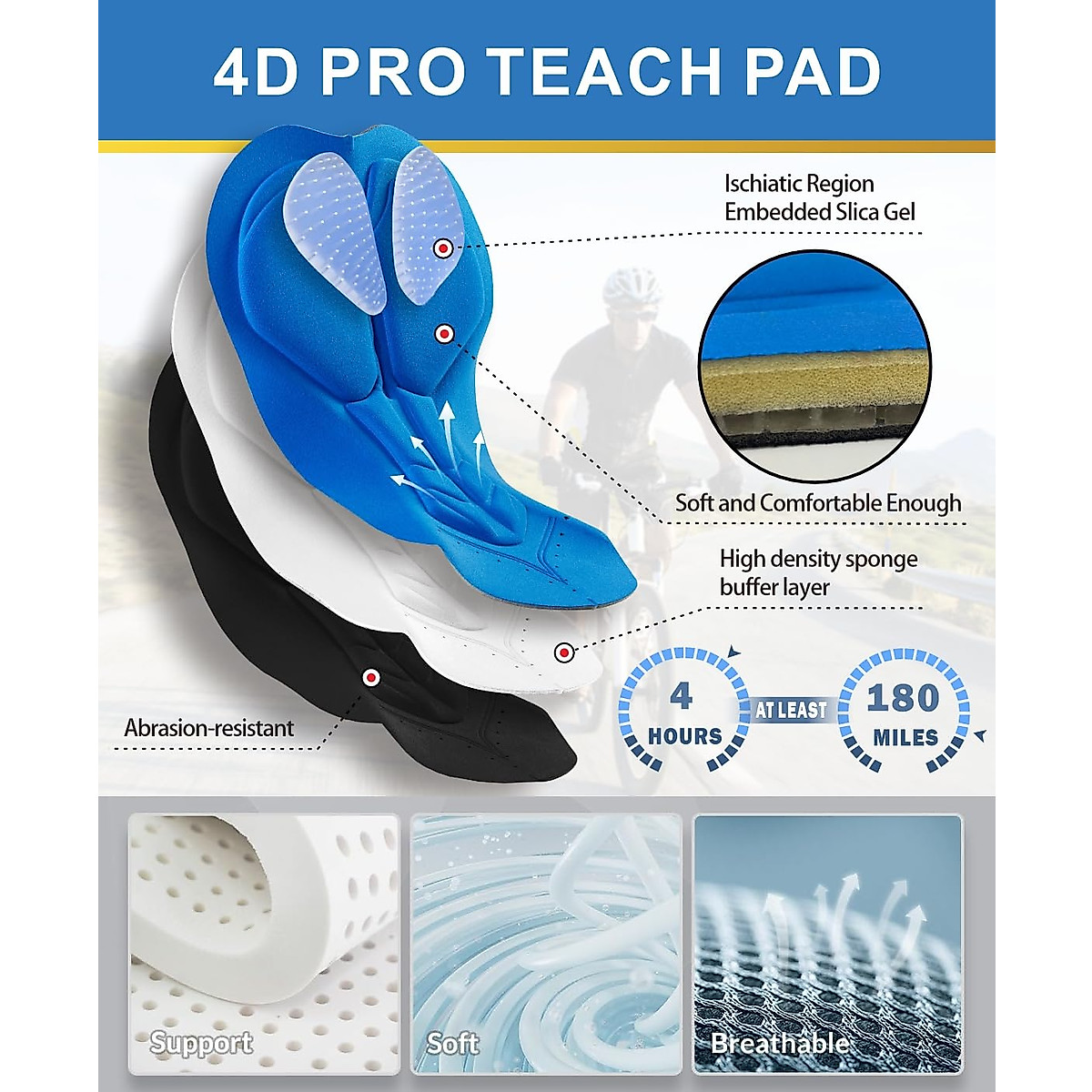 qualidyne Men's Cycling Pants 4D Padded Road Bike Bicycle Tights Outdoor Biking Long Leggings Black