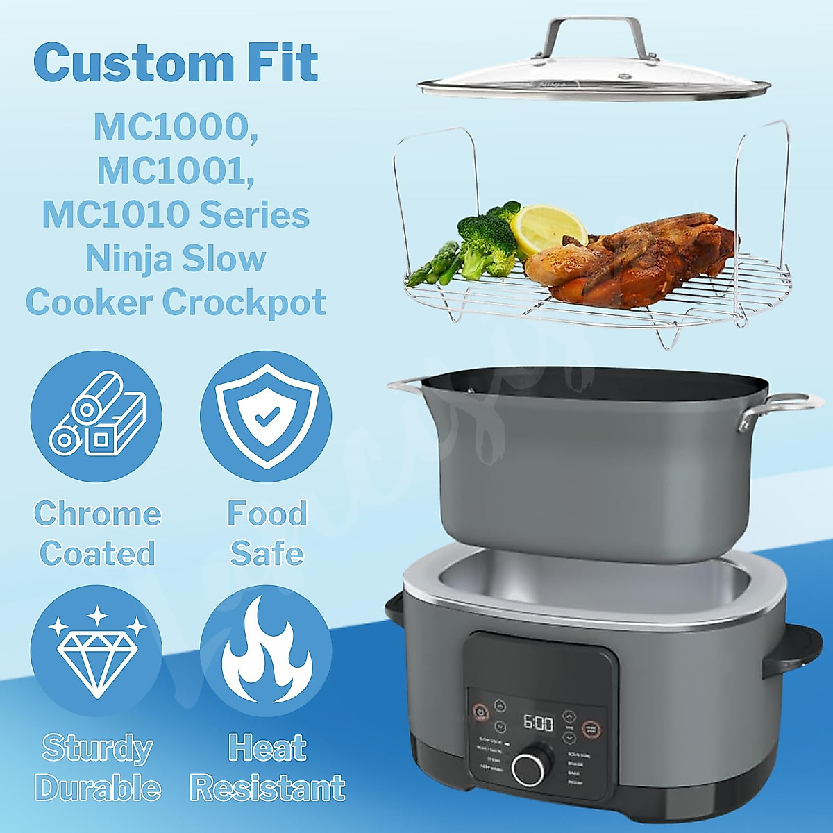Steam and Roast Rack Compatible with Ninja Foodi Possible Cooker Pro 8.5 Qt MC1000, MC1001, MC1010 Series Slow Cooker Crock Pot- 304 Stainless Steel Rack with Gloves & Oil Brush