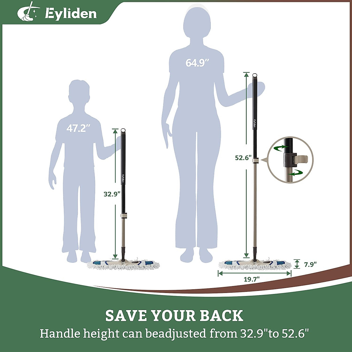 Eyliden Dust Mop with 2 Reusable Washable Pads - One Touch Replacement, Height Adjustable Handle, Wet & Dry Mops for Floor Cleaning, Hardwood, Laminate, Tile Flooring Push Dust Broom