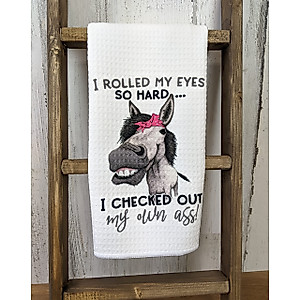 I Rolled My Eyes So Hard I Checked Out My Own Ass - White Waffle Weave Kitchen Towel Horse Donkey Bandana Farmhouse Decor Funny