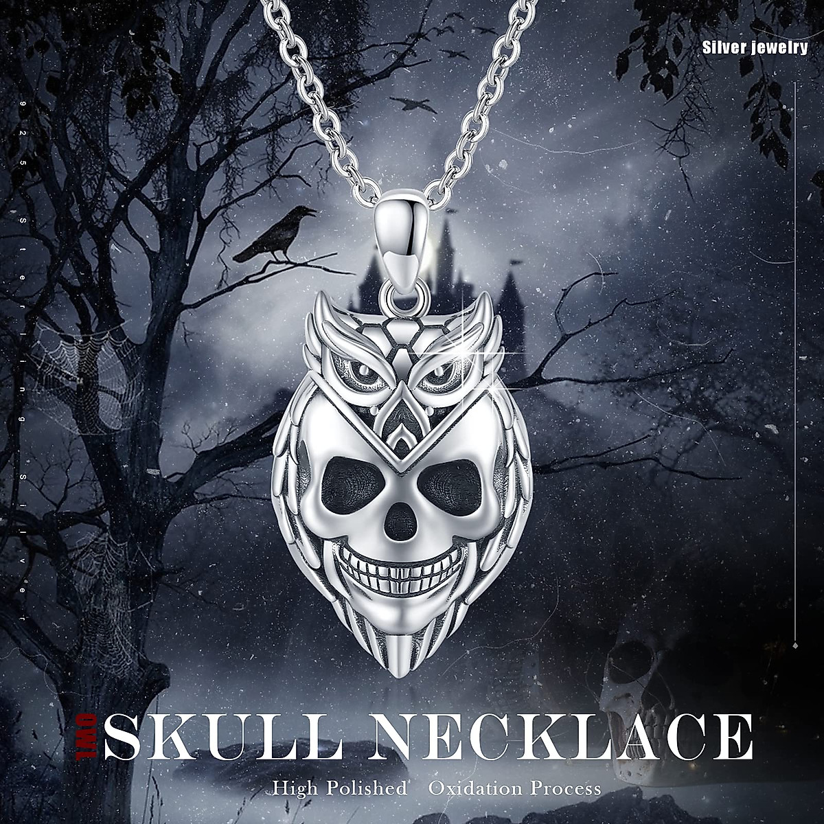 Skull Owl Necklace 925 Sterling Silver Skull Owl Pendant Necklace Christmas/Valentine's Day/Mother's Day Jewelry Gifts for Women Mom Daughter Wife friend