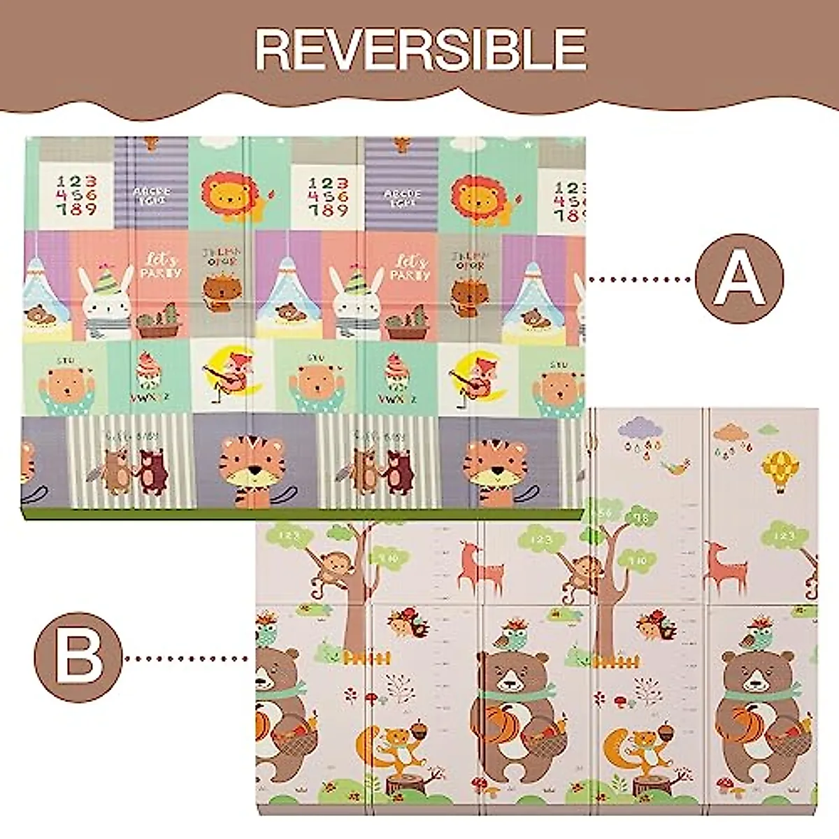 GZZ Foldable Baby Play Mat,Reversible, Waterproof, Anti-Slip Floor Playing Mats for Infants, Babies, Toddlers Indoor/Outdoor (Cute Bear Tall Foot+Animal Music Festival, 79"*71"*0.4")