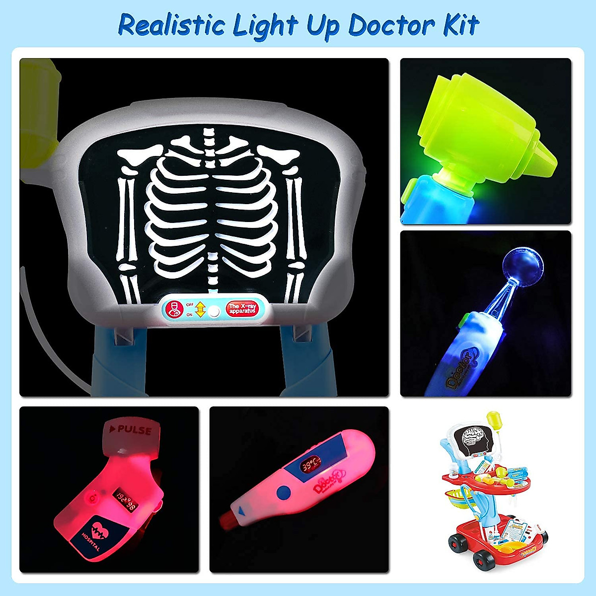 Doctor Kits for Kids 3-5 with Stethoscope Doctor Dress Up Costume Light X-Ray Trolley Toy Pretend Medical Play Doctor for Toddler Girl Boy 3 4 5 Years Old Birthday Gifts