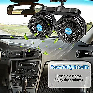 QIFUN 12V Adjustable Dual Head Clip Fan, 4 Inches Electric Car Clip Fans, 360° Rotatable Cooling Air Fan with Cigarette Lighter Plug for Vehicles, SUV, RV, Boat (Car Fan)