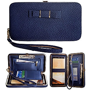 CellularOutfitter Womens Leather Wallet Vegan Leather Bow Clutch Design with Credit Card, Cash and Smartphone Pockets [Bow Clutch - Navy]
