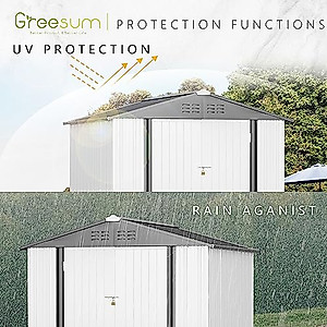 Greesum Metal Outdoor Storage Shed 8FT x 6FT, Steel Utility Tool Shed Storage House with Door & Lock, Metal Sheds Outdoor Storage for Backyard Garden Patio Lawn, White