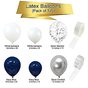 Silver Blue Balloons Garland Kit, 120 pcs Navy Blue and Silver Confetti White Balloons Arch with 16ft Tape Strip & Dot Glue for Party Wedding Birthday DIY Decoration