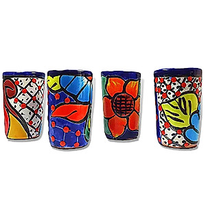 MEXTEQUIL - Talavera Shot Glasses Set of 4 Authentic Mexican Tequila Shot Glasses - Hand-painted - 2 Oz (Flowers)