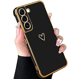 MZELQ Compatible with Samsung Galaxy S22 Case for Women Cute Luxury Gold Heart Pattern Design, Full Camera Protection & Soft TPU Shockproof Protective Plating Edge Phone Case,6.1 inch 2022, Black