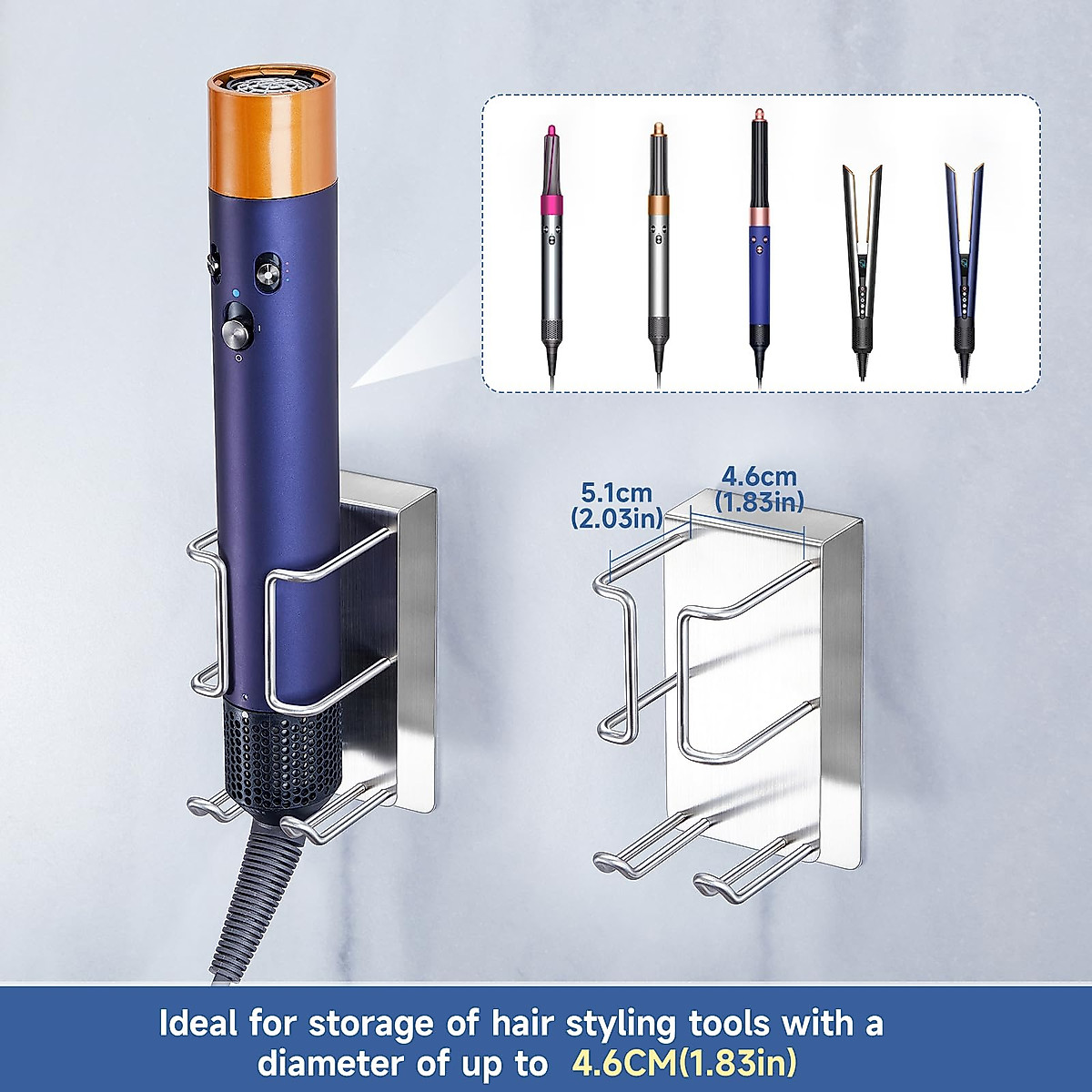 Oukimly Hair Tool Organizer, Hair Dryer Holder Wall Mounted, Stainless Steel Curling Iron Holder, Adhesive Hair Straightener Holder, Hair Styling Tool Storage for Flat Irons, Curling Wands