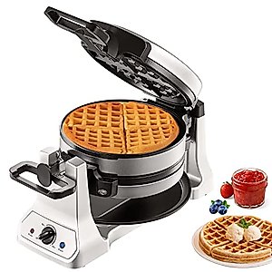 VEVOR 2-Layer Waffle Maker, 1400W Round Waffle Iron, Non-Stick Waffle Baker Machine with Browning Control, 180° Rotable Belgian Waffle Maker, Teflon-Coated Baking Pans, Stainless Steel Body, 120V