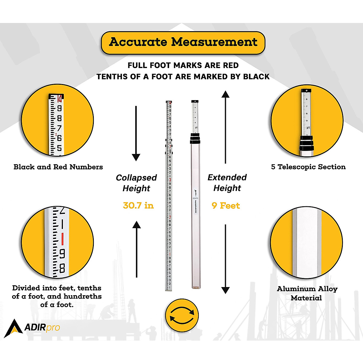 AdirPro Universal Rotary Laser Detector & AdirPro 14-Foot Aluminum Grade Rod Bundle