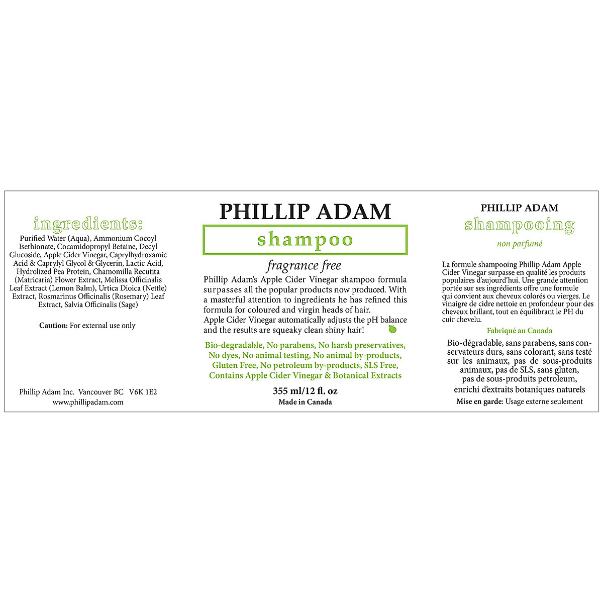 Phillip Adam Fragrance Free Shampoo and Conditioner Set with Apple Cider Vinegar - pH Balancing - Enhance Shine and Smoothness- 12 Ounce Each