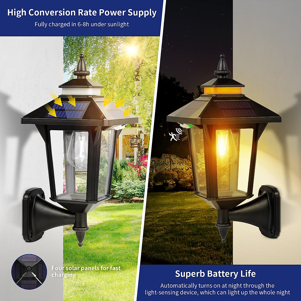 Dibaful 2 Pack Solar Sconce Lights Outdoor, Retro Style IP65 Waterproof Motion Sensor Solar Wall Lights, Wireless 3500k Three Induction Lighting Mode Outdoor Wall Lantern for Garden,Shed,Porch