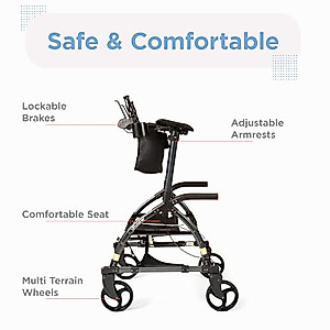 Journey UPWalker Standard – The Original Upright Walker – Premium, Lightweight Adjustable Upright Rollator Walker with Seat for Adults, Seniors & The Elderly