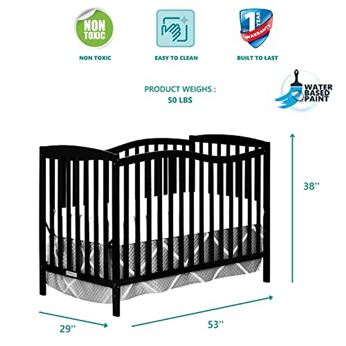 Dream On Me Chelsea 5-In-1 Convertible Crib In Black, JPMA Certified