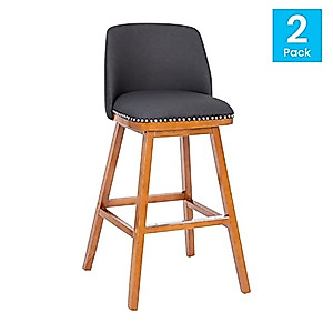 Flash Furniture Julia Set of 2 Transitional Bar Stools - Gray Faux Linen Upholstery - Silver Nailhead Trim - 30 Inch - Walnut Finish Wood Frames