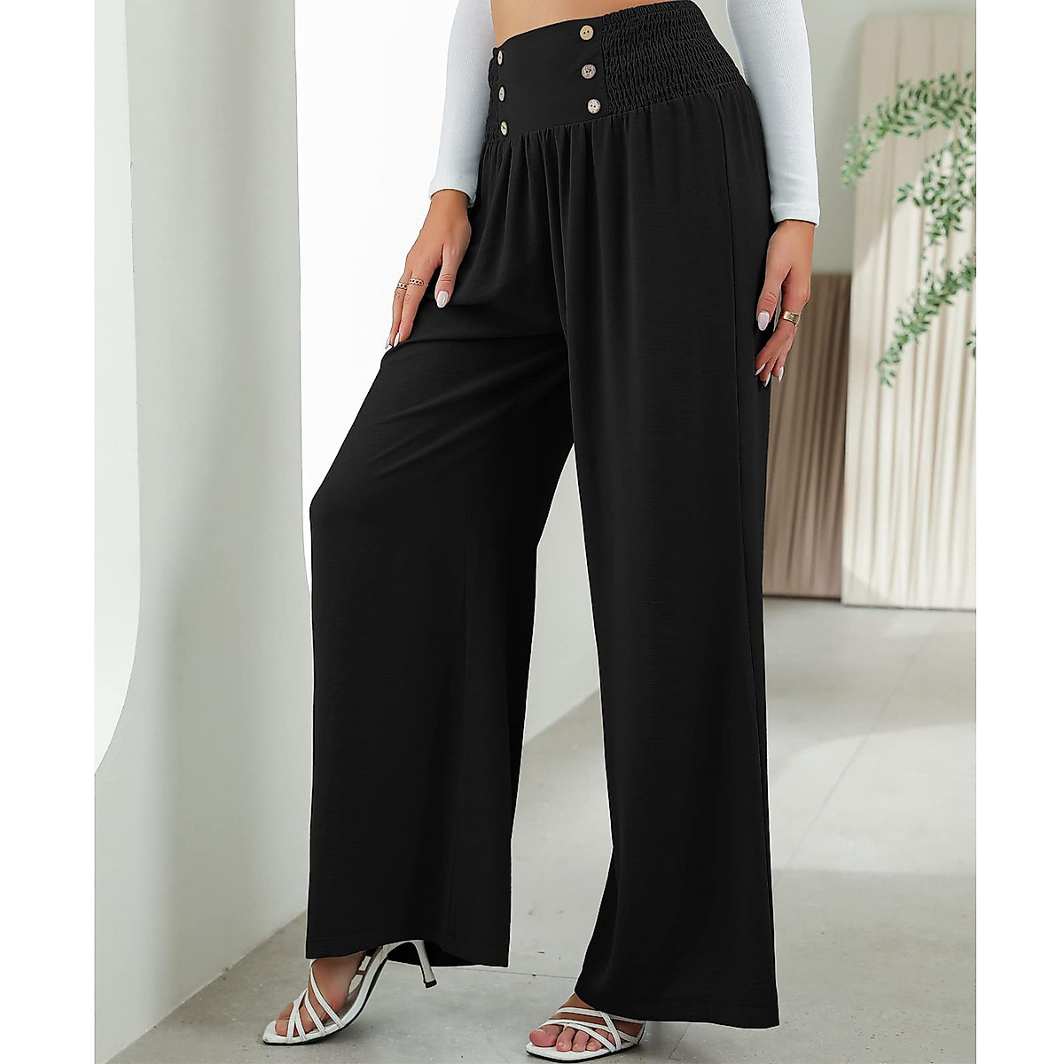Pissente Women Wide Leg Trousers Shirred High Elastic Waist Button Decoration Casual Pants for Work Dating(XL-Black)