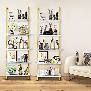 Wolawu 5 Tiers Ladder 2-Piece Shelf White Marble Modern Bookshelf Open Tall Wall Mount Bookcase Standing Leaning Wall Shelves Industrial Decorative