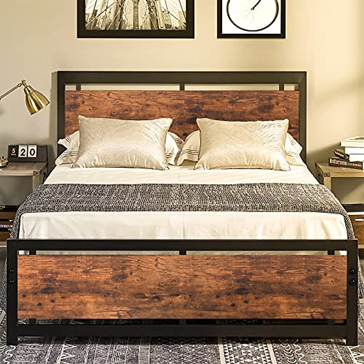 Codesfir Queen Bed Frame with Headboard and Footboard, Heavy Duty Platform Metal Bed Frame with Strong 4 U-Shaped Support Frames & 12 Strong Wood Slat Support, No Box Spring, Easy Assembly