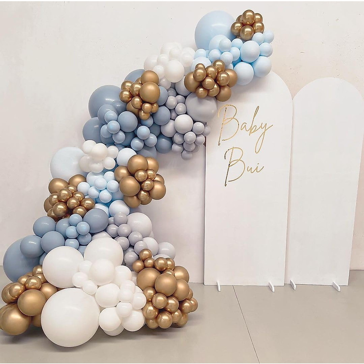 130pcs Dusty Blue Balloons Garland Kit, Fog Blue Royal Blue Pastel Blue Sand White Metallic Gold latex Balloons for Boy Baby Shower Bridal Shower Wedding Anniversary Birthday Party