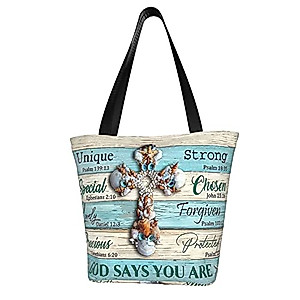 Tote Bag for Women Cutie Seashell Cross God Says You Are Shoulder Handbag Shopping Bags for Work Travel Business Beach School