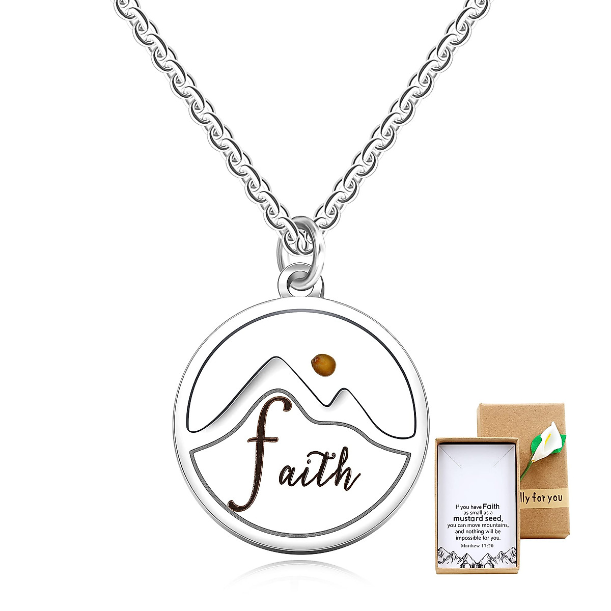 Uloveido Mustard Seed Mountain Necklace Stainless Steel Faith Pendant Inspirational Christian Baptism Religious Gift for Women Y2391