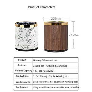 GohomeLoby Metal Trash Can, Double Cans Top Open Without Lid Waste Bin Hotel Office Wastebasket (Walnut Leather Silver Ring)