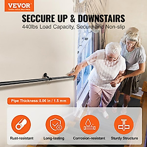 VEVOR Pipe Stair Handrail, 6FT Staircase Handrail, 440LBS Load Capacity Carbon Steel Pipe Handrail, Industrial Pipe Handrail with Wall Mount Support, Round Corner Wall Handrailings for Indoor, Outdoor
