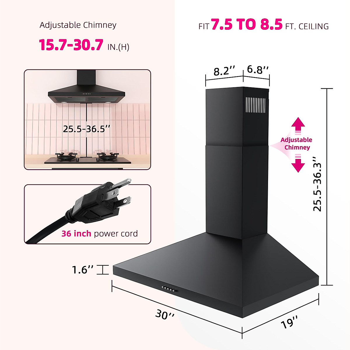 FIREGAS Black Range Hood 30 Inch, Wall Mount Kitchen Hood Ducted/Ductless Convertible, 450 CFM, 3-Speed Exhaust Fan, Stainless Steel Stove Vent for Kitchen with LED Lights, Charcoal Filters