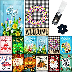 Yileqi Seasonal Garden Flags Set of 12 Double Sided Easter Spring Garden Flag Holidays Yard Flags, with Zipper Storage Bag, Festive Small Garden Flag Outdoor Decoration 12.5x18 Inch