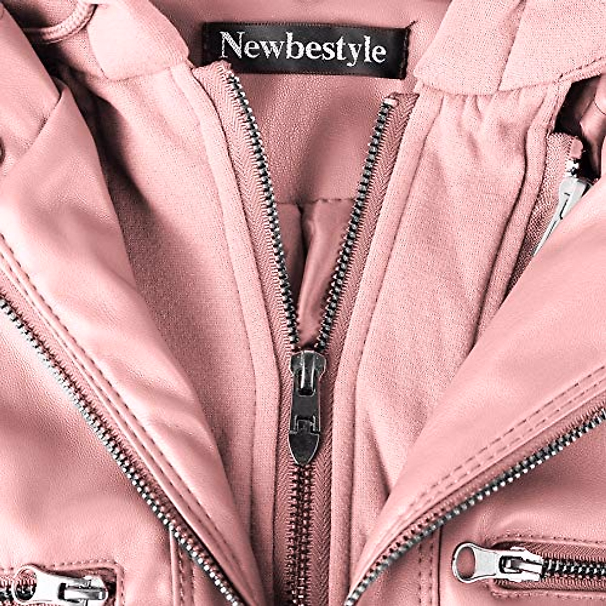 Newbestyle Faux Leather Jacket for Women Casual Moto Biker Jacket Quilted Full-Zip Coat Pink M