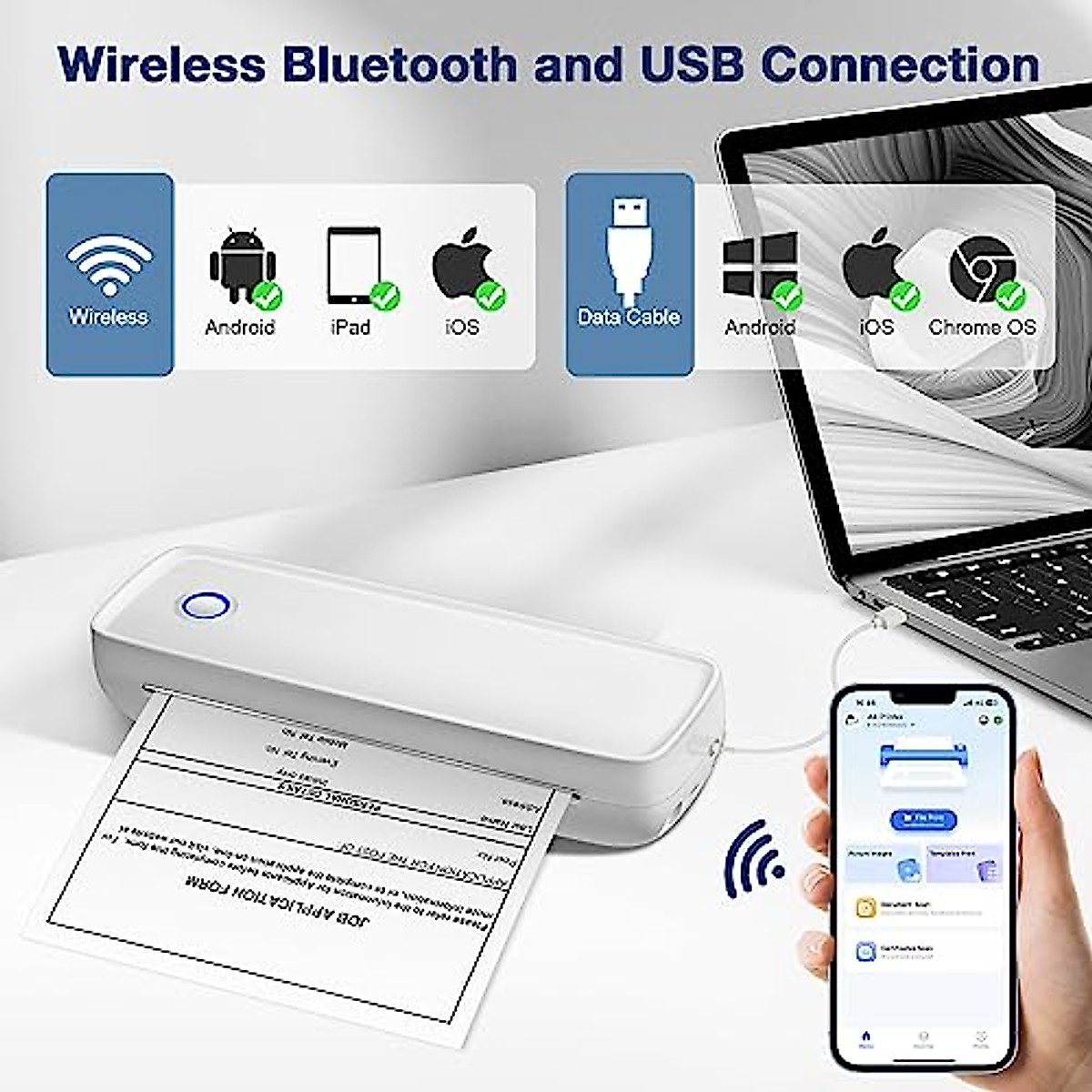 Portable Printers Wireless for Travel, Inkless Thermal Printer Supports A4 Paper (8.3"*11.7") for Mobile Monochrome Prints, Bluetooth Smart Printer Compatible with Android iOS Phones & Laptops