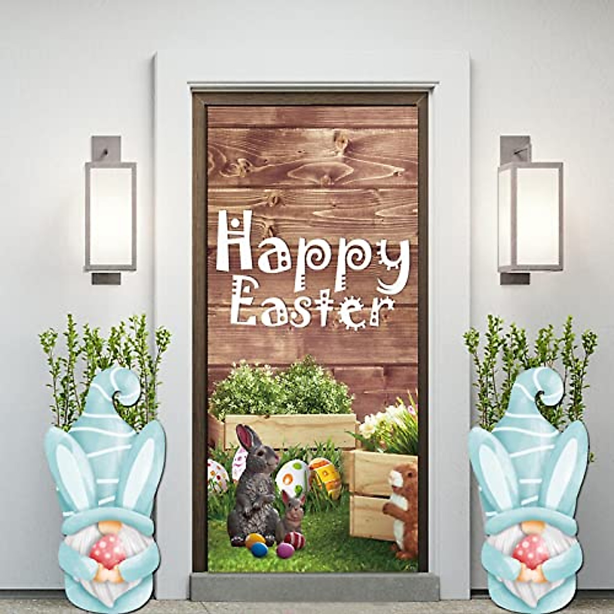 ZDX Happy Easter Door Banner Rustic Wooden Floor Banner Spring Bunny Egg Flower Rustic Farmhouse Easter Party Backdrops Door Banner