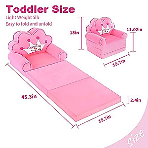 MOONBEEKI Kids Couch Fold Out, Foldable Princess Chair for Toddlers 1-3, Sofa Bed for Kids Folding Toddler Bed Lounger Chair for Bedroom, Toddler Couch Bed for Girl (Pink)