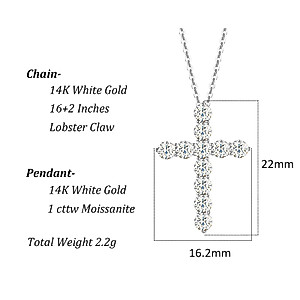 FANCIME 14K Solid White Gold 3 Prong Setting Cross Pendant Necklace with 1 Cttw Carat White Moissanite Gemstone Fine Delicate Jewelry Anniversary Christmas Gift Guide for Her Mom Women