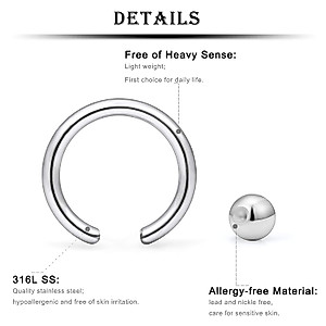 Kridzisw 16G Septum Ring Jewelry Gauges Earrings Surgical Stainless Steel Horseshoe Septum Nose Eyebrow lip Ring Cartilage Helix Tragus Rook Daith Earrings Hoop Smiley Piercing Jewelry Women Men 10mm