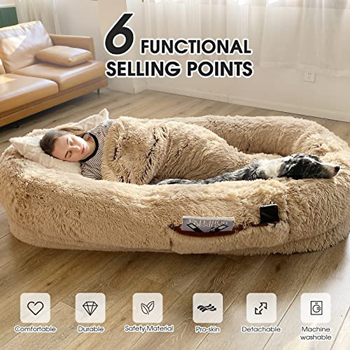 YAEM Human Dog Bed, 71"x45"x14" Dog Beds for Humans Size Fits You and Pets, Washable Faux Fur Human Dog Bed for People Doze Off, Napping Orthopedic Dog Bed, Present Plump Pillow, Blanket, Strap-Khaki